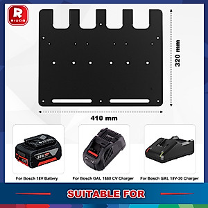 Riuog Wall Mount Bracket for Bosch GAL 1880 CV and GAL 18V-20 Charger, Metal Black Rugged 4 Battery Holder and 3 Charger Holder for Tool Room and Garage