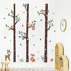 decalmile Large Birch Tree and Forest Animal Wall Decals Owl Squirrel Deer Wall Stickers Baby Nursery Kids Bedroom Living Room Wall Decor (H: 69 Inches)