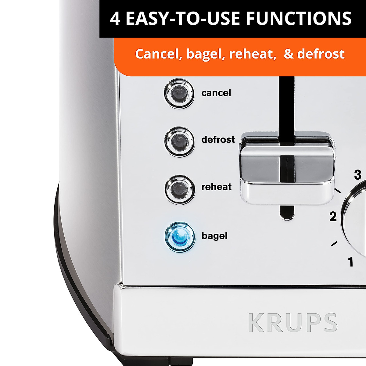 KRUPS 2 Slice Toaster with 6 browning levels and 4 easy-to-use functions, Stainless Steel, Silver