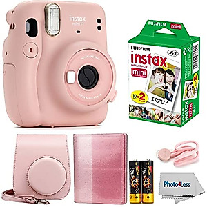 Fujifilm Instax Mini 11 Instant Camera Blush Pink Bundle with Instax Mini Twin Pack Film + Glitter Photo Album Holds 64 Photos + Groovy Case + Cloth (5 Items)