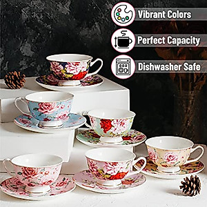 BTaT- Tea Cups, Tea Cups and Saucers Set of 6, Tea Set, Floral Tea Cups (8oz), Tea Cups and Saucers Set, Tea Set, Porcelain Tea Cups, Tea Cups for Tea Party, Rose Teacups, China Tea Cups (Bone China)