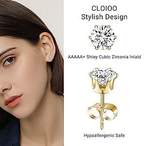 ComaZoo 14K Gold Stud Earrings for Women Men, Hypoallergenic Stainless Steel Stud Earrings Set with Simulated Diamond Cubic Zirconia 3-8mm (6 Pairs)… (white gold with balck CZ)