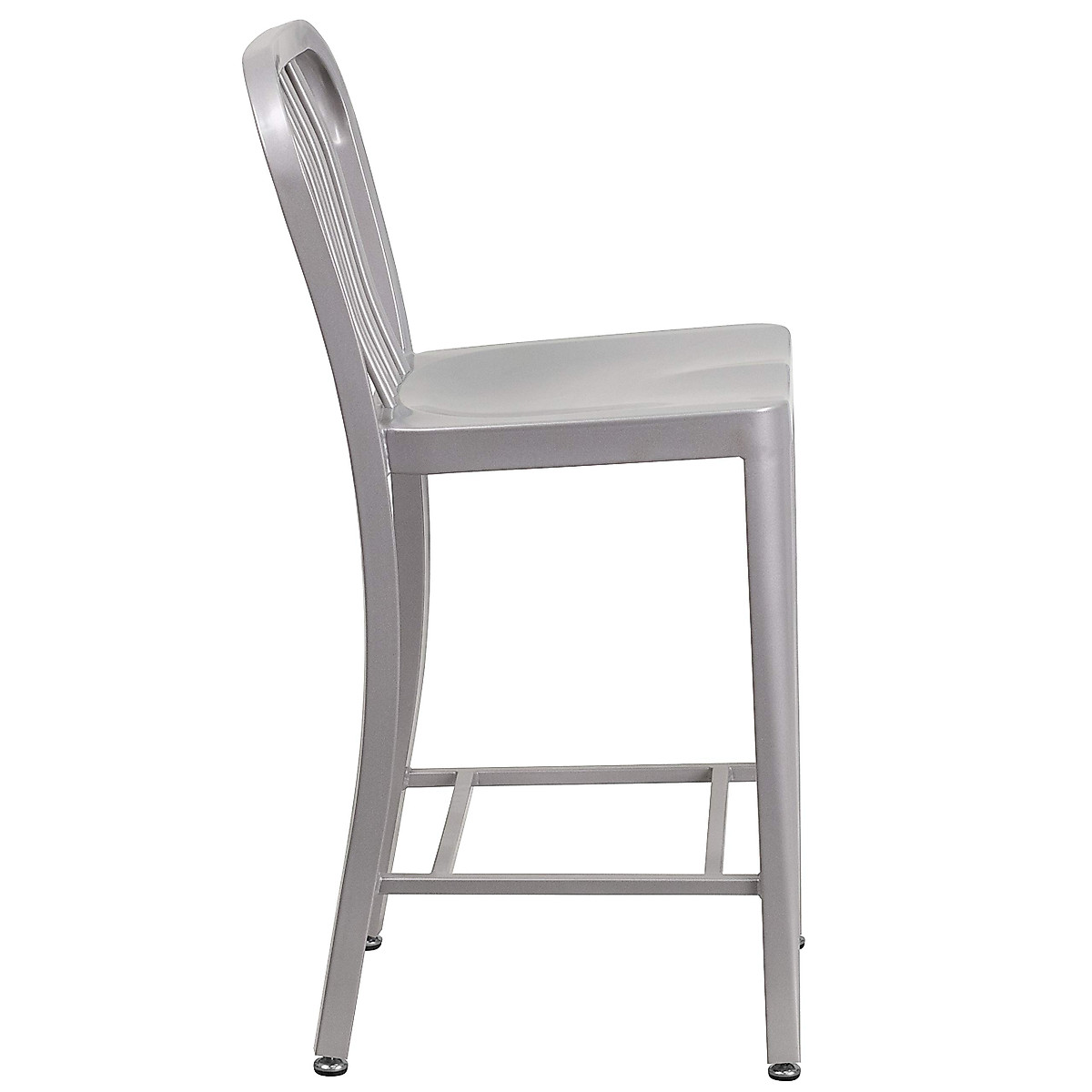 EMMA + OLIVER Commercial Grade 24" H Silver Metal Indoor-Outdoor Counter Stool w/Slat Back