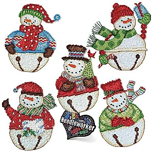 Debbie Mumm Snowbells Snowmen (2014), Set of 5 Mill Hill Winter Themed Beaded Cross Stitch Ornament Kits, Plus Decorative 'Needlworker' Sticker