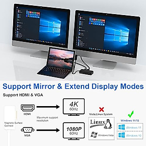 Surface Docking Station, 11-in-1 Triple Display (4K HDMI +VGA) Microsoft Surface Dock with 60W Power for Surface Pro 11/10/9/8/X/7/6/5/4/3, Surface Book 4/3/2, Surface Laptop Go/5/4/3/2/1
