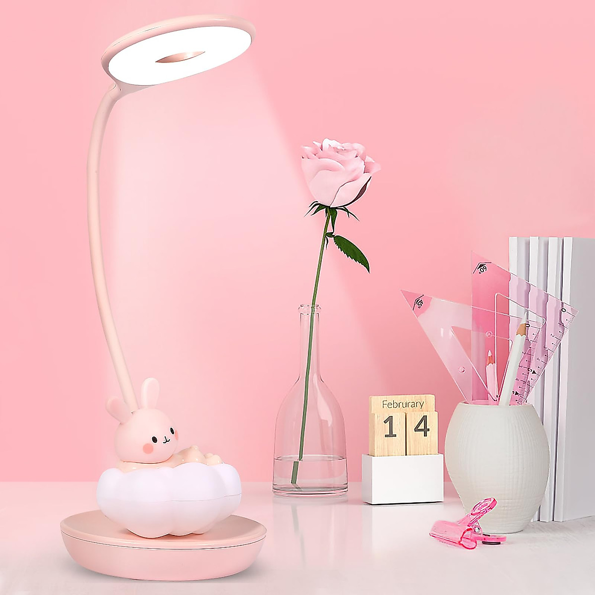 MARZIUS Cute Rabbit Design Dimmable Touch LED Reading Desk Lamp Night Light with 5 Levels Brightness for Boy,Girl Kid Teen (Pink Cloudy Bunny)