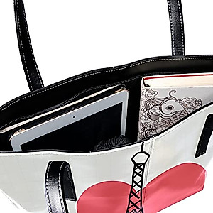 Simple Eiffel Tower with Red Heart Tote Bag for Women Girls, Leather Shoulder Bag with Inside Pockets, Zip Top Handbags