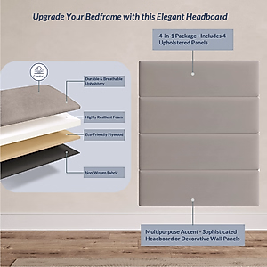 BELLEZE Upholstered Wall Panels, Twin, Single, or Queen Size Wall Mounted Headboards, Comfortable Fashional Padded Headboards - Pack of 4 Panels, Light Brown (Each Individual Panel 38" x 11.5")