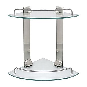 MODONA Double Corner Glass Shelf with Rail – Satin Nickel – 5 Year Warrantee
