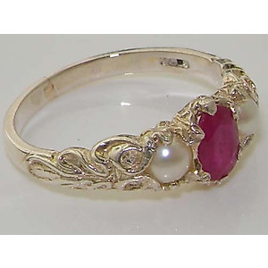 LetsBuyGold 925 Sterling Silver Real Genuine Ruby and Cultured Pearl Womens Promise Ring - Size 9