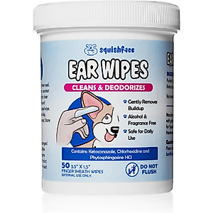 Squishface Dog Ear Relief Individual Finger Sheath Wipes – Non-Allergenic Ingredients & Irritation-Reducing Formula Cleans & Deodorizes, Helps Prevent Ear Itch & Odor – for All Breeds! (50 Count)