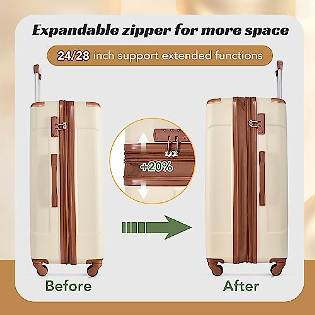 Merax Suitcases With Wheels Hardside Luggage Sets 3 Piece, Expandable And Lightweight, Travel Suitcases For Woman And Man (White Brown)