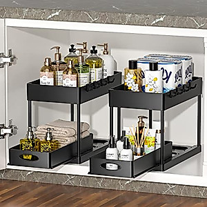 Under Sink Organizers and Storage, 2 Tier Under Sink Organizer Multi-Purpose Bathroom Sink Organizer Sliding Drawer Sink Organizers with Hooks for Kitchen Bathroom Organizer