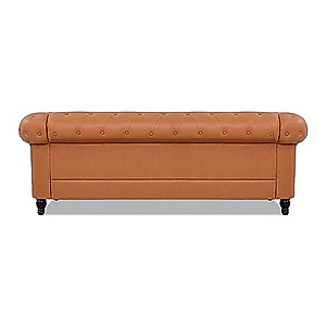 Naomi Home Emery Chesterfield Sofa with Rolled Arms, Tufted Cushions / 3 Seater Sectional Sofa Couch for Small Spaces, Living Room, Bedroom, Apartment, Easy Tool-Free Assembly, Caramel, Air Leather
