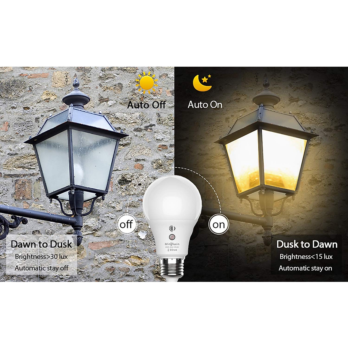 Mingfuxin Dusk to Dawn Light Bulbs 75W Equivalent, Auto on/Off Sensor Porch Light, LED Light Bulbs Smart Sensor Lighting Lamp 10W E26/E27 for Patio Garage Garden Light 3000K