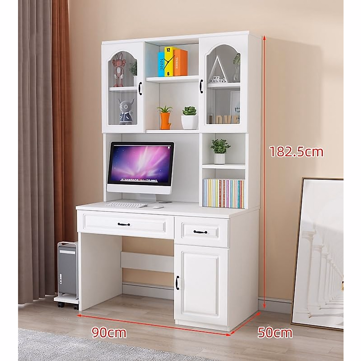 KIRANDY Girls' Bedroom Study Desk and Bookshelf Combo, Computer Desk with Drawers (Color : White 90x50x182.5cm Solid Wood)