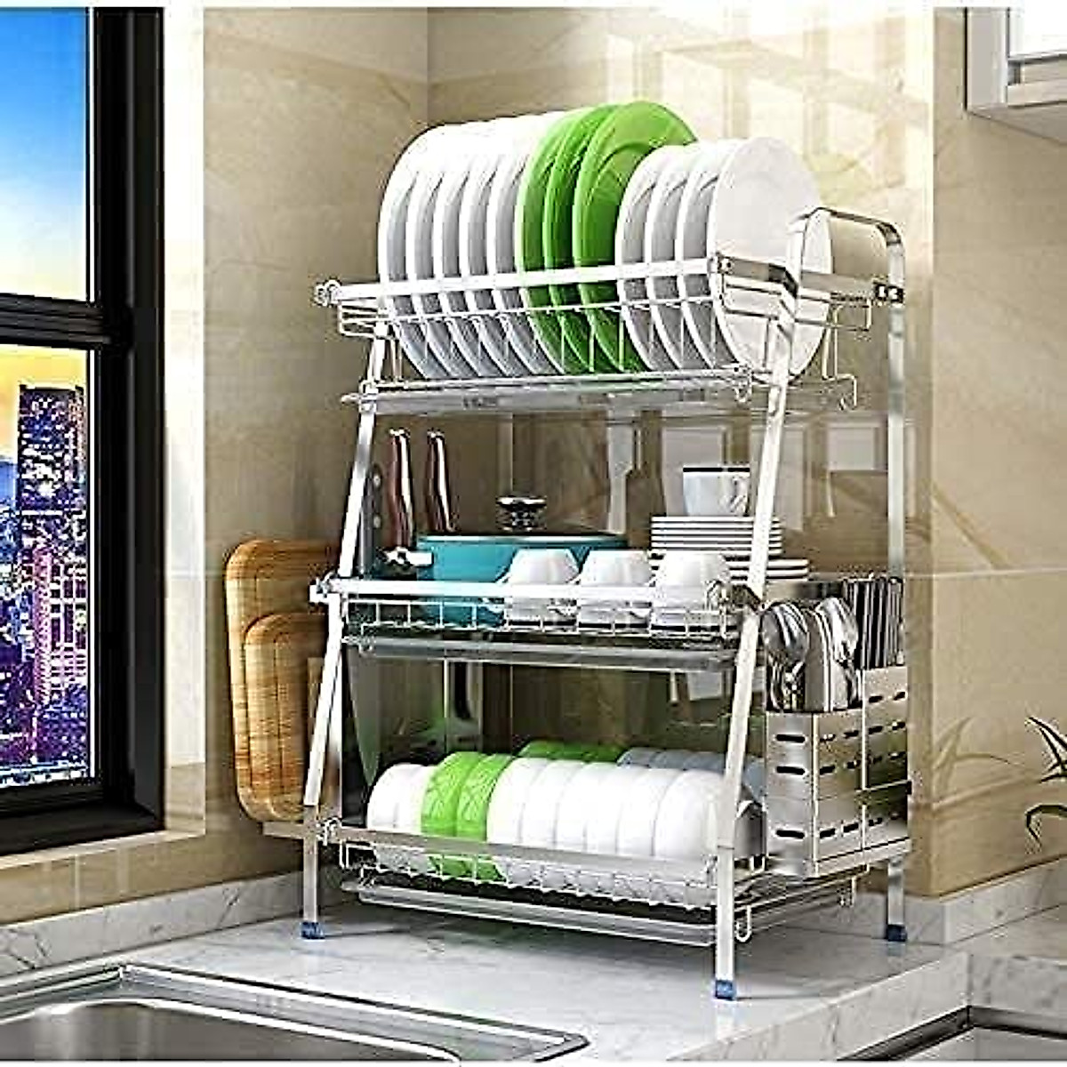 Plate Rack Dish Drainer Rack Kitchen Supplies Storage Draining with Chopsticks/Knives/Cutting Board Holder Drainboard Pan Plate Holder (Color : Silver, Size : 3-Tier)