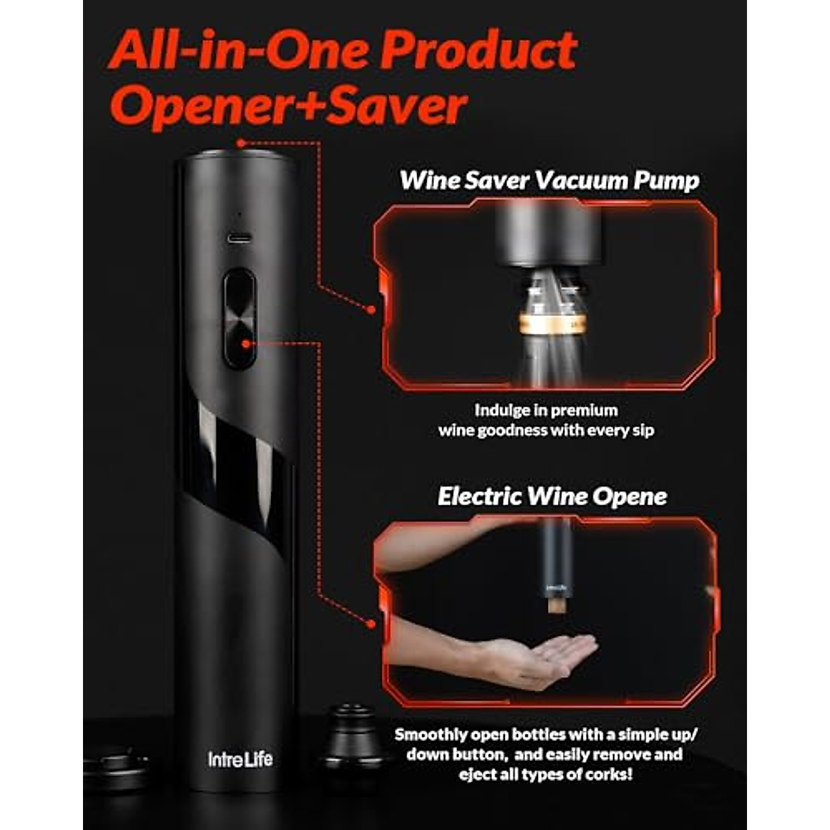 IntreLife 2 in 1 Electric Wine Opener Set,Rechargeable Wine Bottle Openers with Electric Vacuum Preserver,Wine Stopper,Foil Cutter,Automatic Wine Saver Pump Set