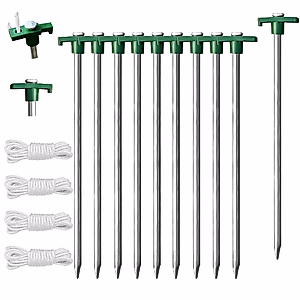 Eurmax USA Galvanized Non-Rust Camping Family Tent Pop Up Tent Stakes Canopy Anchors Heavy Duty 10pc-Pack, with 4x10ft Ropes & 1 Green Stopper