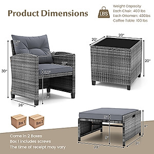 ORALNER 5 Pieces Patio Furniture Set with Ottoman, Wicker Conversation Set w/Cushions, Glass Coffee Table, Outdoor Lounger Rattan Chairs Bistro Set for Porch Balcony Garden Deck Poolside (Grey)