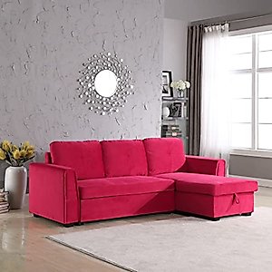 Legend Vansen Bed Velvet Storage Reversible Convertible Sectional Sleeper Sofa, Red
