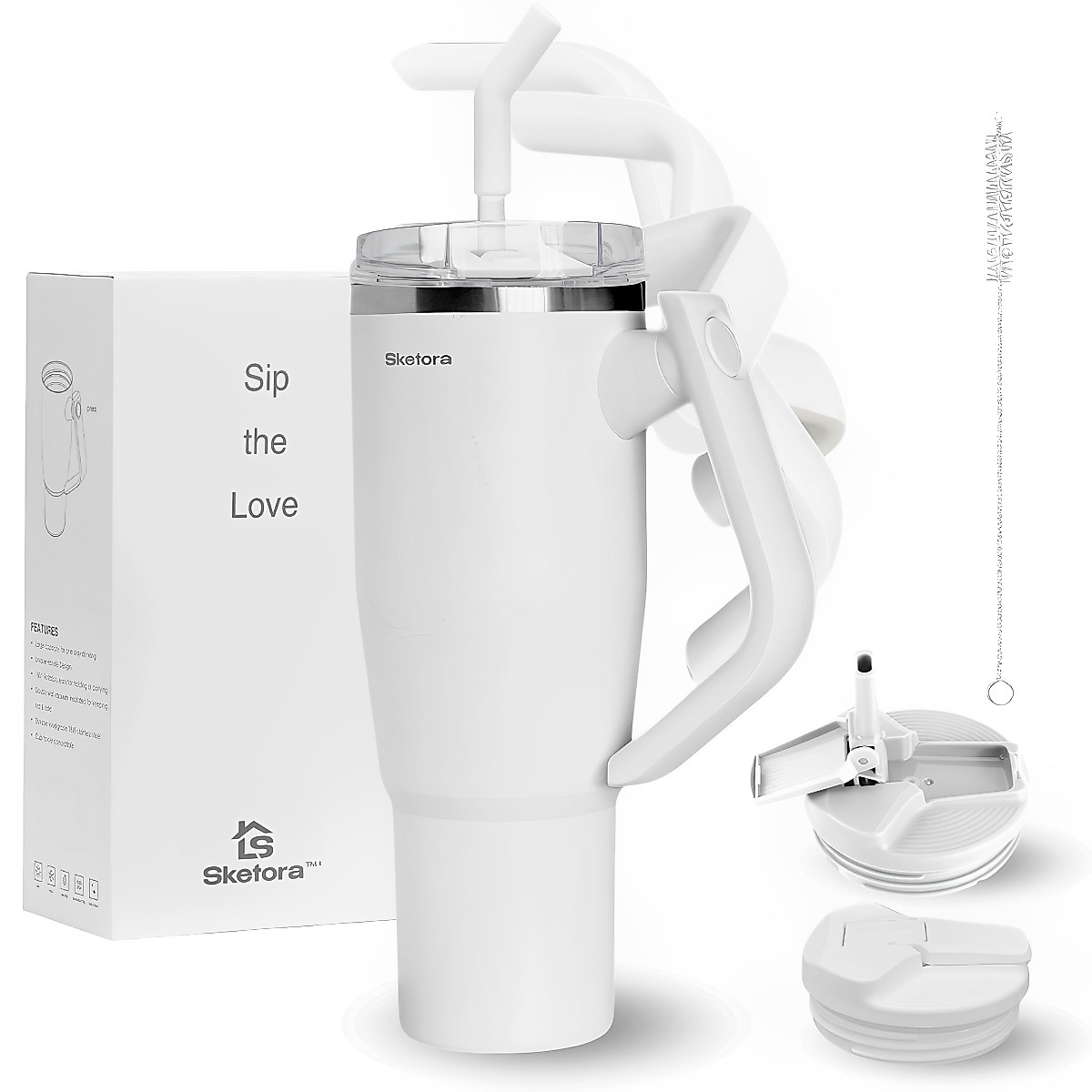 SKETORA 32oz Insulated Tumbler with Rotatable Handle and 2 Lids (Flip Straw, 3-in-1 Sliding Lid) - Stainless Steel Travel Mug for Hot & Cold Drinks, Arctic White