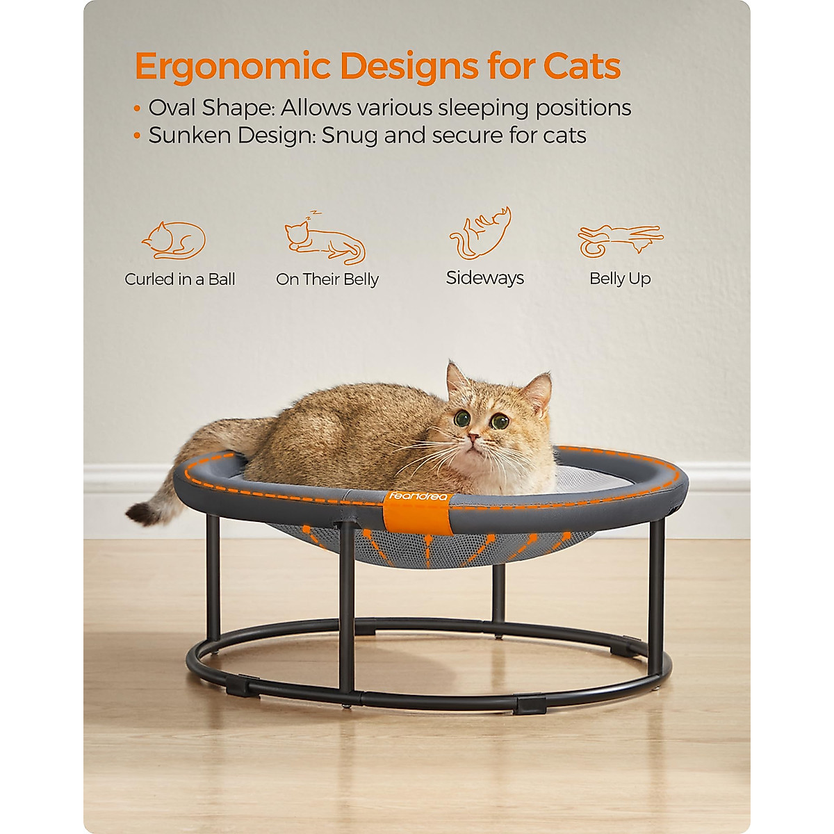 Feandrea Pet Bed, Cat Hammock, Elevated Cat Bed for Multiple Cats, with Removable Washable Mesh, for Pets up to 20 lb, Oval, Gray UPCB001G01