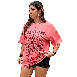 SOLY HUX Women's Plus Size Oversized Graphic Tees Letter Print Half Sleeve Summer T Shirts Tops Watermelon Pink Letter 2XL