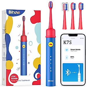 Bitvae K7S Kids Electric Toothbrush for Age 4+, Rechargeable Power Toothbrush with Pressure Sensor, Bluetooth Kids Toothbrush Boys and Girls, 3 Modes, 2Mins Smartimer, Soft (Blue)
