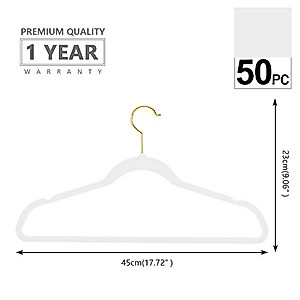 MIZGI Premium Velvet Hangers Pack 50 Pcs Heavy Duty - Non Slip Slimline - Velvet Suit Hangers White - Gold Hooks,Space Saving Clothes Hangers