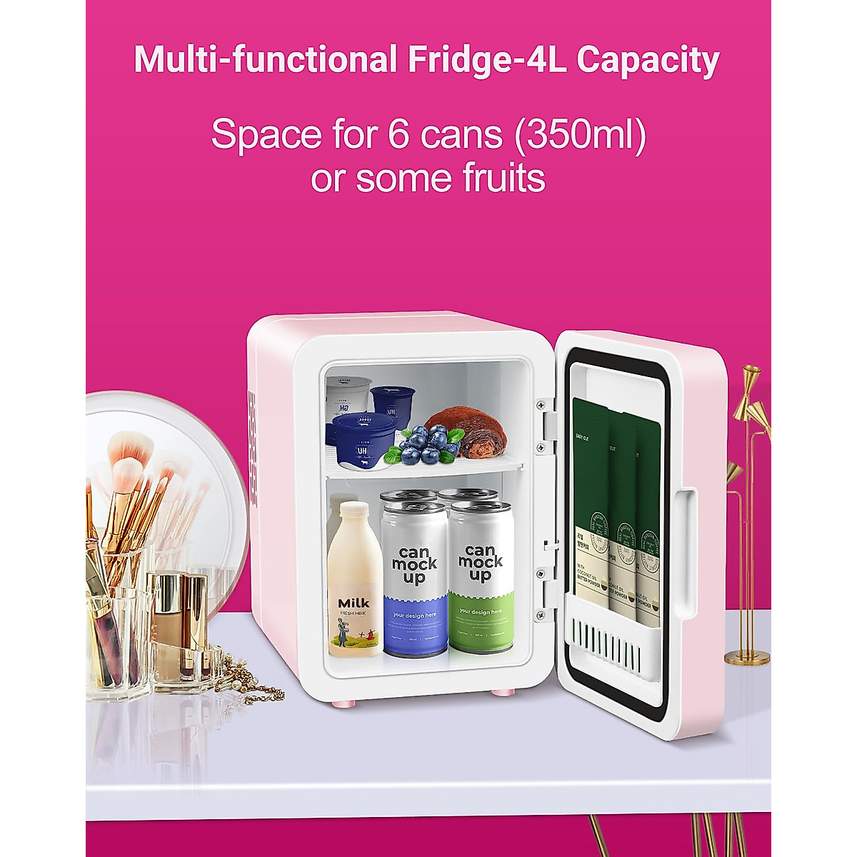 NISHCON Skincare Fridge with Dimmable LED Light Mirror, 4L/6Can Cooler Warmer Mini Fridge for Skin care Cosmetic Makeup Beauty, Portable Mini Skincare Fridge for Bedroom Dorm Office Rv and Car, Pink