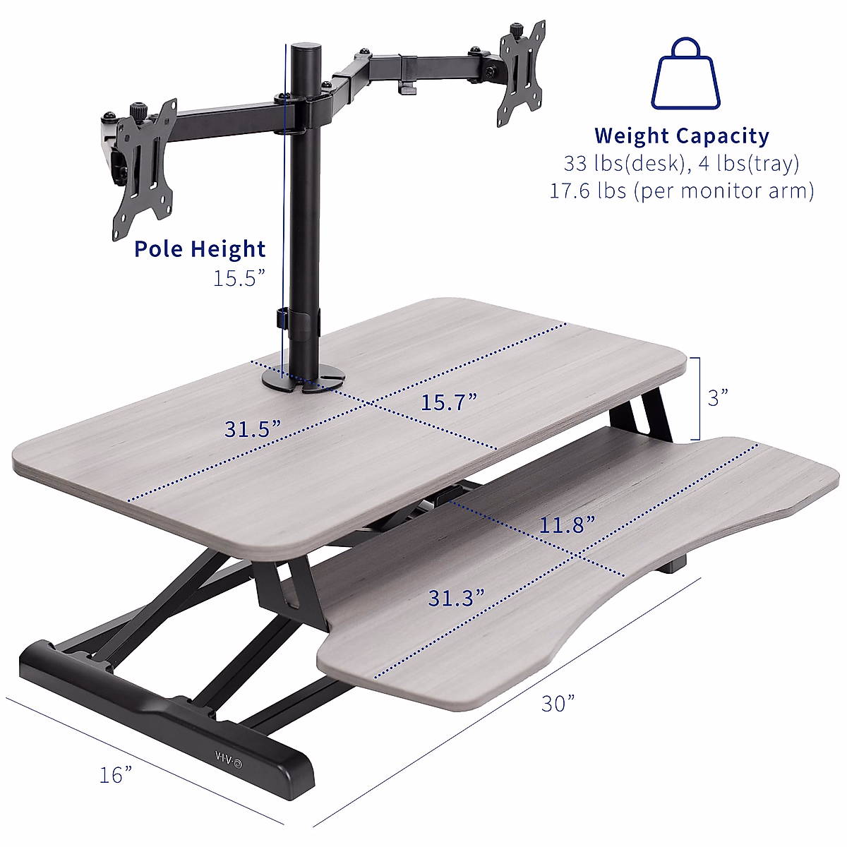 VIVO Height Adjustable 32 inch Standing Desk Converter with Dual 13 to 30 inch Monitor Stand, Sit Stand Monitor Mount and Desk Riser, Gray, DESK-V000K-M2G