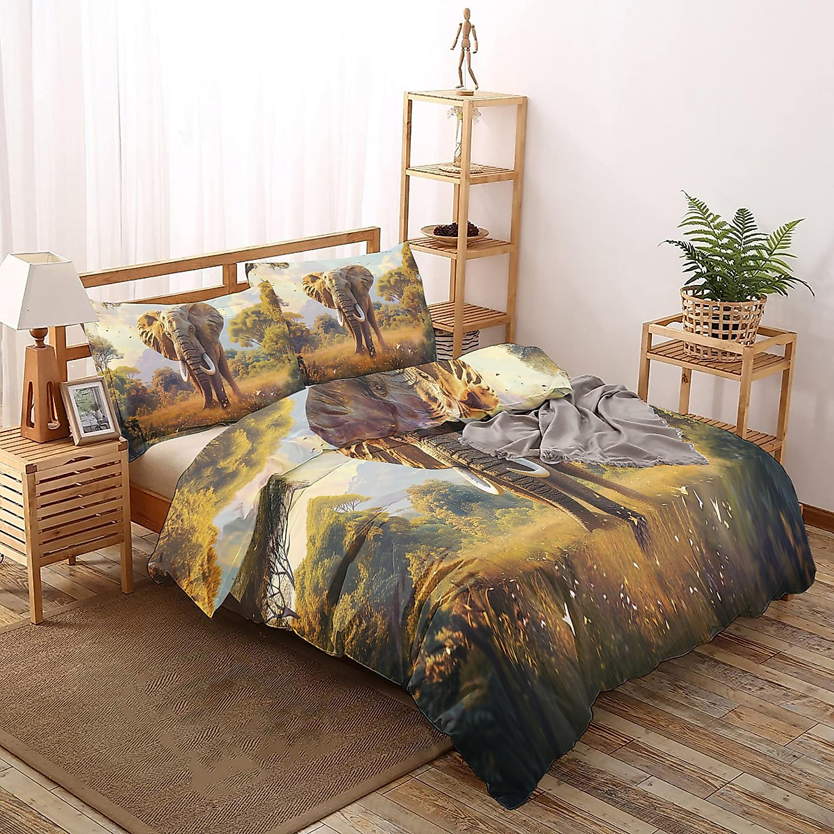 Epzthxlyr Elephant Duvet Cover Full Size, Grassland Animal Bedding Set 3 Pieces Set, Soft Microfiber, with Zipper and Corner Ties, Wild Animal Comforter Cover 1 Duvet Cover + 2 Pillow Cases