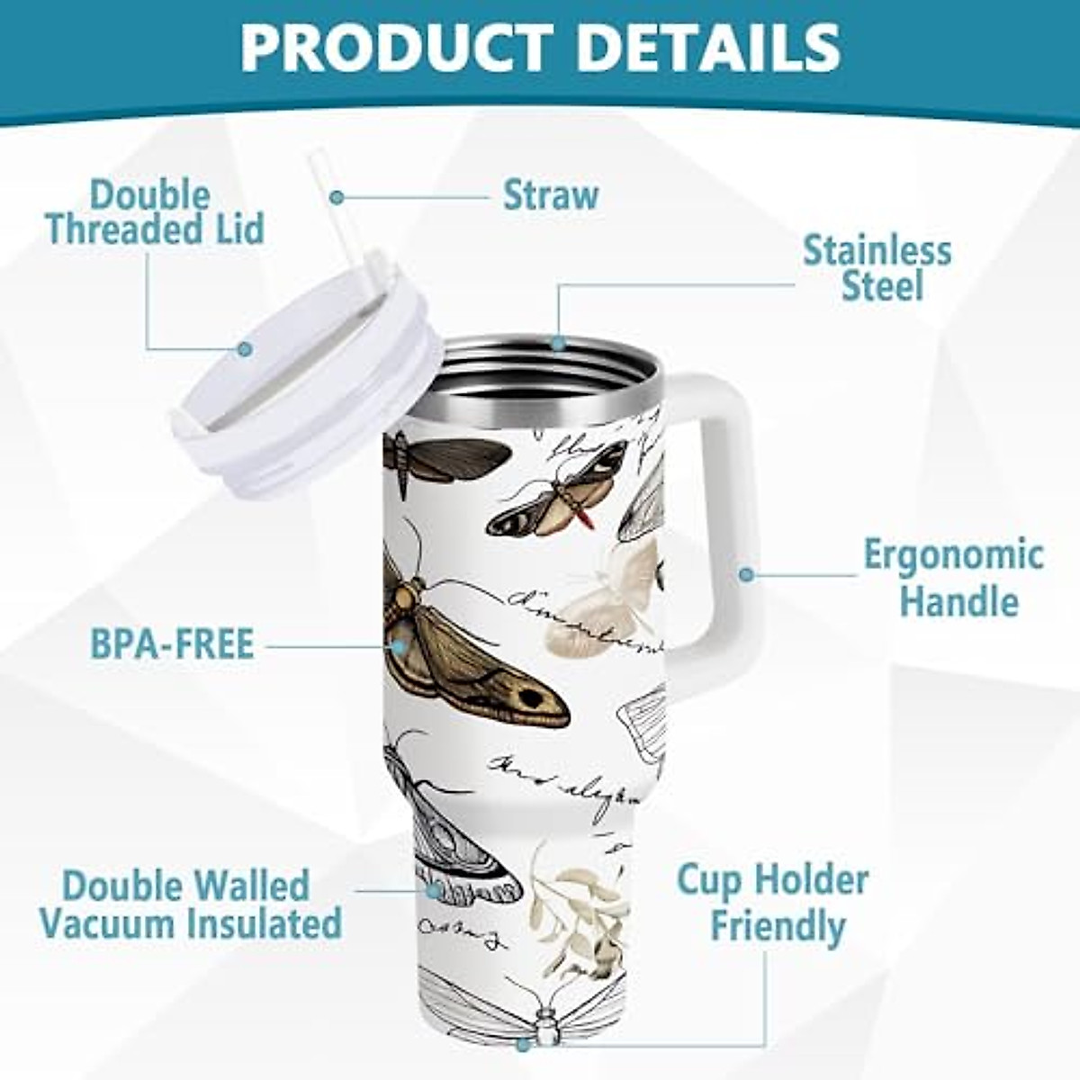 RPLIFE Various Insects White Tumbler with Handle and Straw, Stainless Steel Cup, Insulated Cup with Straw, Coffee Tumbler for Women