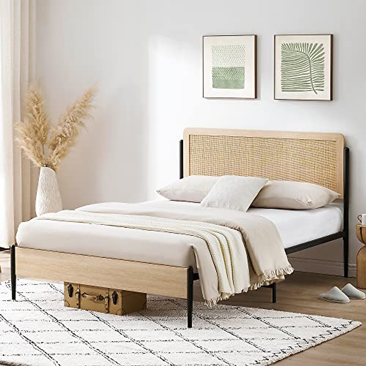 IDEALHOUSE Queen Size Bed Frame with Rattan Headboard, Platform Bed Frame with Safe Rounded Corners, Strong Metal Slats Support, Mattress Foundation, Noise-Free, No Box Spring Needed, White Oak