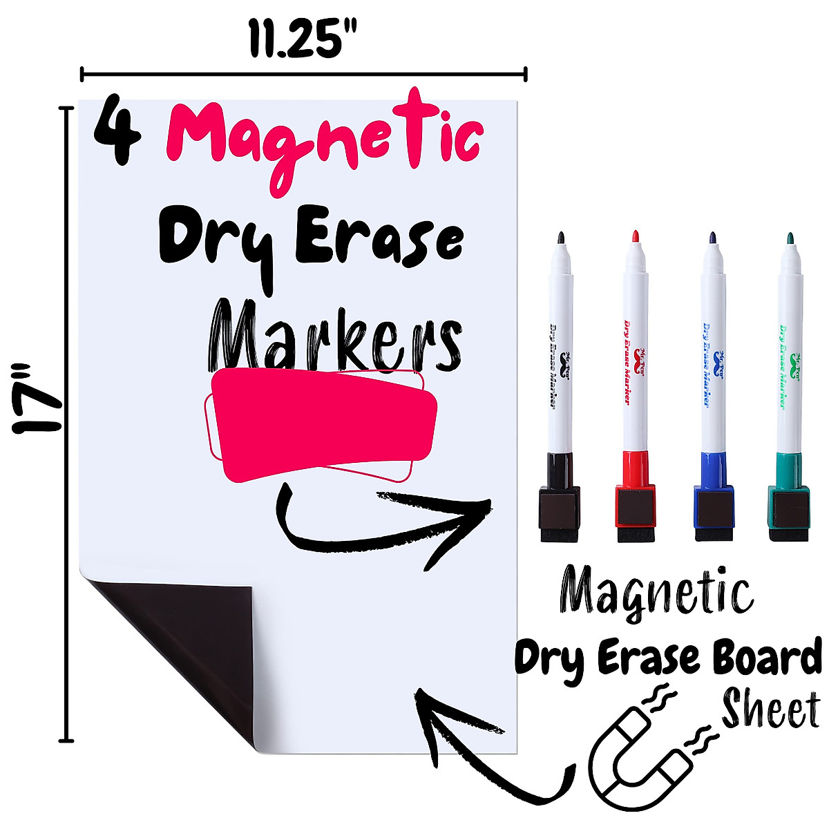 Mr. Pen- Magnetic Dry Erase Whiteboard Sheet, 17" x 11.25", Magnetic Dry Erase Board Sheet with a Set of 4 Markers, Magnetic Dry Erase Board for Fridge, Dry Erase Board Magnetic, Magnetic Whiteboard