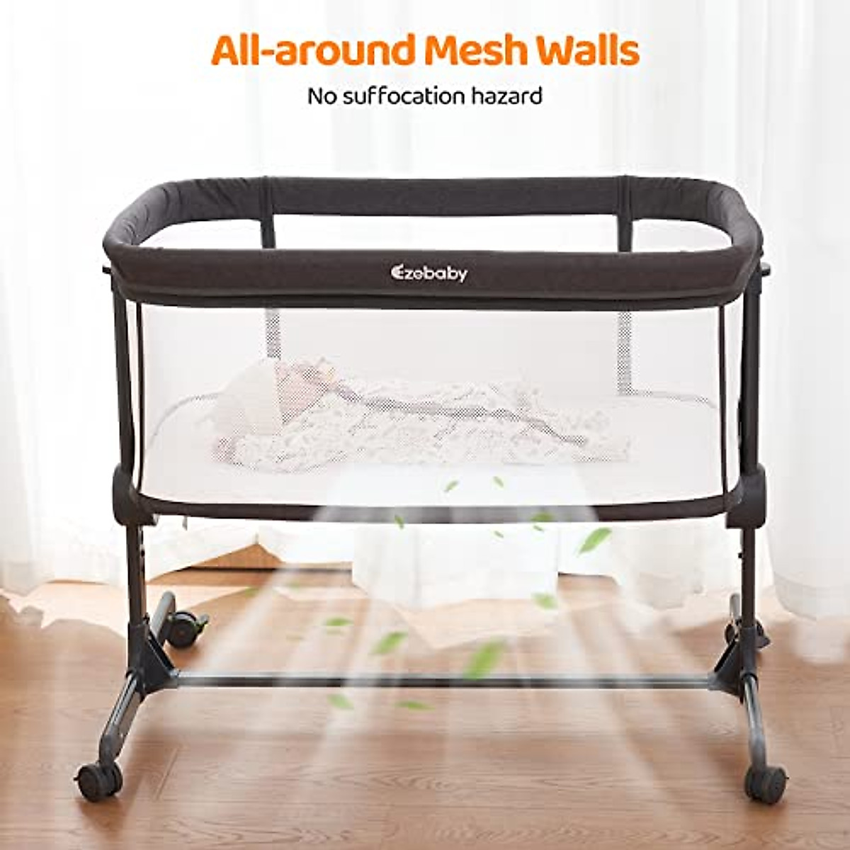 Ezebaby Baby Bassinet with Wheels, Bedside Bassinet Co Sleeper Crib for Newborn Baby Infants with All Mesh Sides and Adjustable 7 Heights, Mattress & Sheet Included
