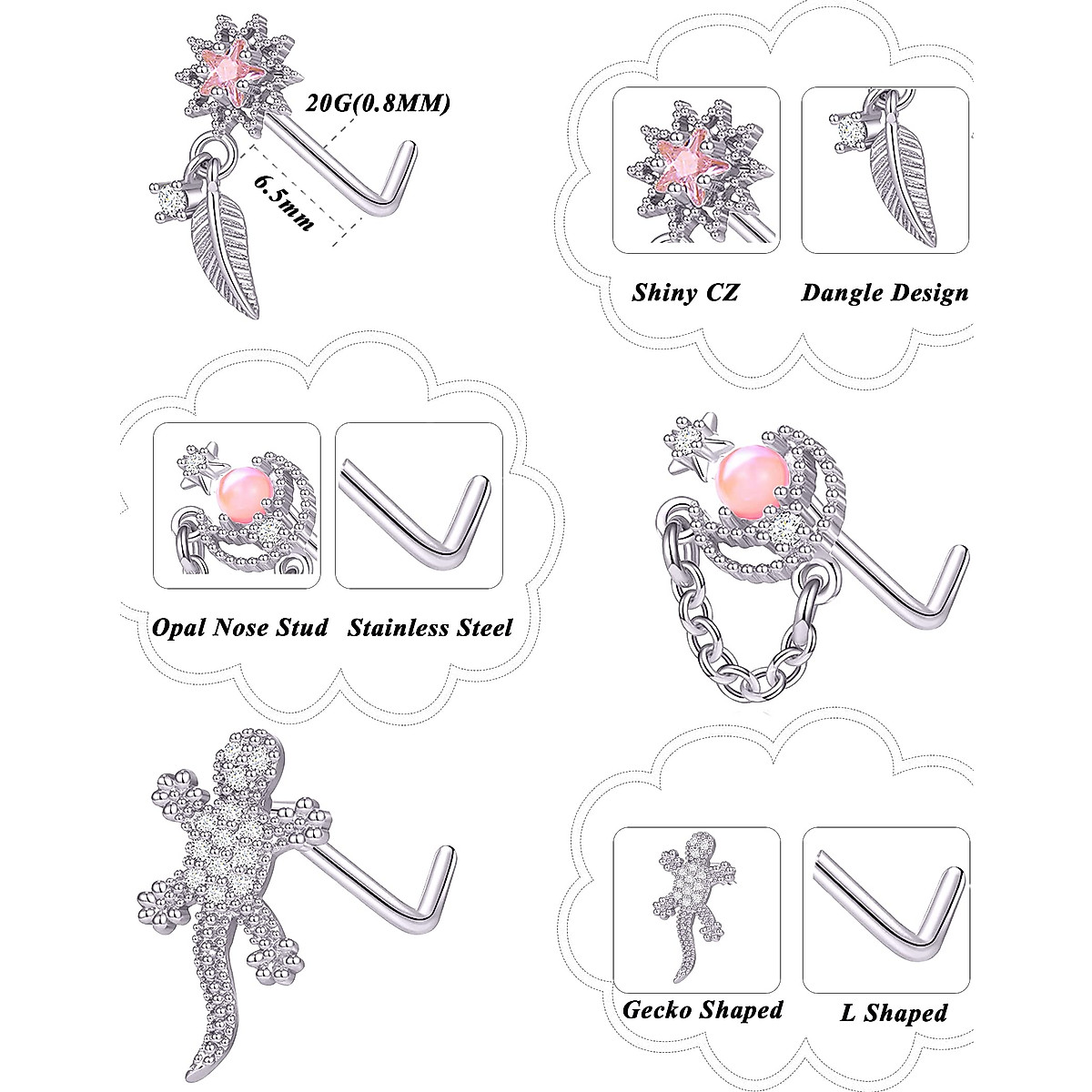 Tornito 12Pcs Dangle Nose Rings Stud L Shaped Nose Studs Flower Heart Arrow Feather Snake Gecko Snowflake Wing CZ Dangling Nose Piercing Jewelry for Women Men Silver Tone