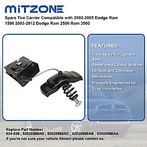 MITZONE Spare Tire Hoist Spare Tire Winch Carrier Compatible with 2002-2005 Dodge Ram 1500 2003-2012 Dodge Ram 2500 Ram 3500 Replace 924-538