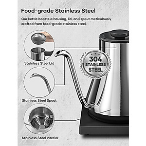 Gooseneck Electric Kettle, Offacy Gooseneck Kettle with 100% Food Grade 304 Stainless Steel, Pour Over Kettle & Coffee Kettle, Tea Kettle 1200 Watt Quick Heating, 0.9L, Stainless Steel