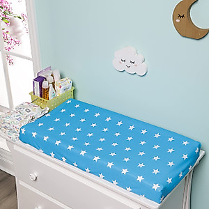 EVERYDAY KIDS 2 Pack Baby Changing Pad Covers for Baby Boy – Fits Most Changing Table Pads; 100% Cotton Jersey Knit, Breathable, Soft Changing Table Topper - Blue, White Stars + Blue, Gray Clouds