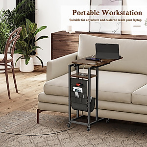 Colima C Shaped Slide Cover End Table with Charging Station, Narrow Sofa Side Table with USB Port and Wheels, Couch Table with Wheels, Storage Bag for Living Room Bedroom