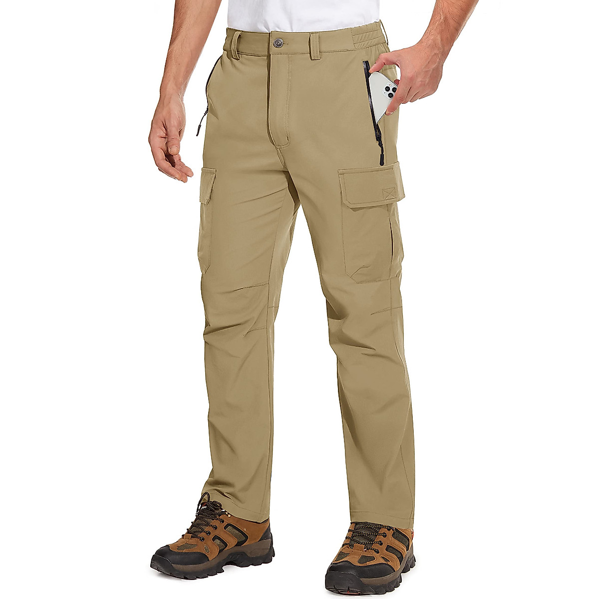 TACVASEN Mens Cargo Pants Water Resistant Ripstop Hiking Pants Elastic Waist Quick Dry Breathable Climbing Workout Khaki