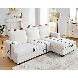 VanAcc 89 Inch L Shape Couch, Reversible L Shape Sofa with Chaise, Convertible Sofa with Storage, L Couches for Living Room, Offwhite Bouclé