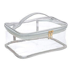 Large Cosmetic Bag for Women / Clear, See-Through Makeup, Hair & Nail Accessories Pouch for Travel or Home / Transparent PVC Plastic Organizer, Spacious Interior, Handle & Double Zippers (Silver)