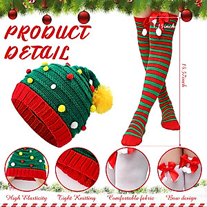 Liitrsh 12 Pcs Christmas Knitted Hat Long Striped Socks Set 6 Pcs Santa Xmas Beanie Winter Knitted Cap 6 Pair Thigh High Christmas Socks Striped Stockings for Women and Girls Gift, Multicolor
