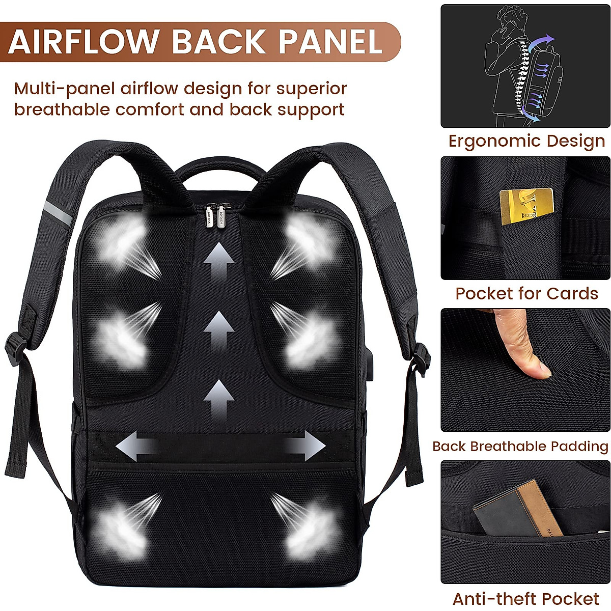 LOVEVOOK Laptop Backpack for Men, Waterproof Work Computer Backpack, Anti Theft Travel Business Backpack with USB Charging Port for Womens, College Backpack Fits 17 Inch Laptop, Black