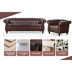 Vaztrlus Brown Leather Sectional Chesterfield Sofa Set, Luxury Couch for Living Room, Comfy Deep-Seat 3-Seater Couch and Chair Set for Bedroom, Office, or Apartment. Tool-Free 2-Piece Assembly.