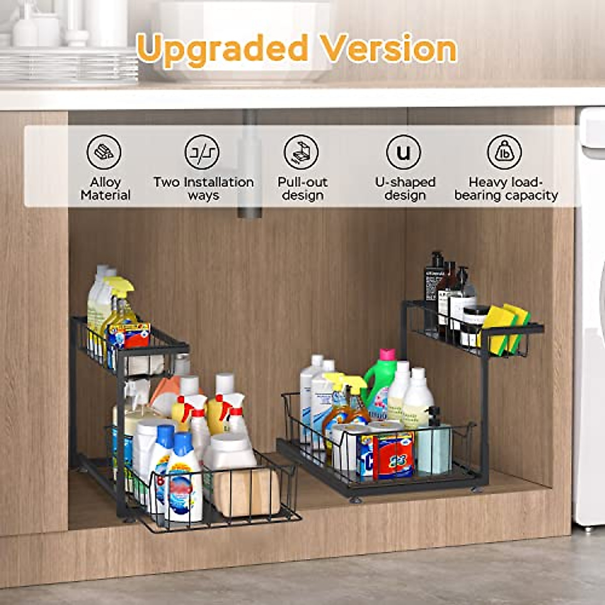 Suppino Under Sink Organizer, 2-Tier Metal Put Out Under Kitchen Sink Organizers and Storage, Sliding Shelf Cabinet Organizer for Kitchen, Bathroom, Desk, etc