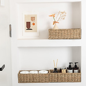 OEHID Small Wicker Baskets 2 Pack, Hand Woven Toilet Basket Tank Topper, Toilet Tank Basket for Bathroom Organizing, Seagrass Storage Baskets for Toilet Paper (14.4"Lx6.1"Wx4.4"H)